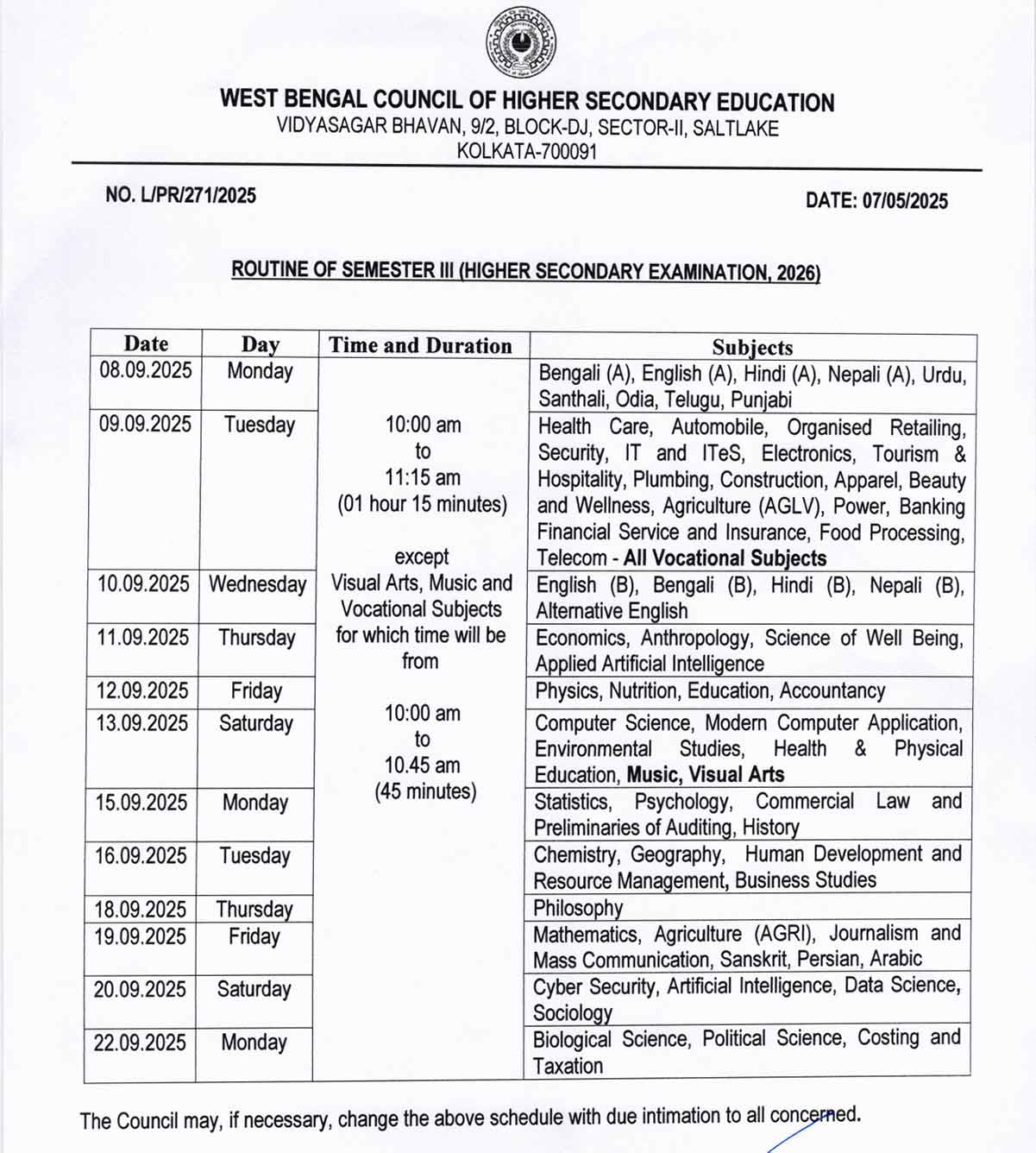 HS Class 12 3rd Semester Exam Routine 2026: উচ্চ মাধ্যমিক তৃতীয় সেমিস্টার পরীক্ষার রুটিন ...